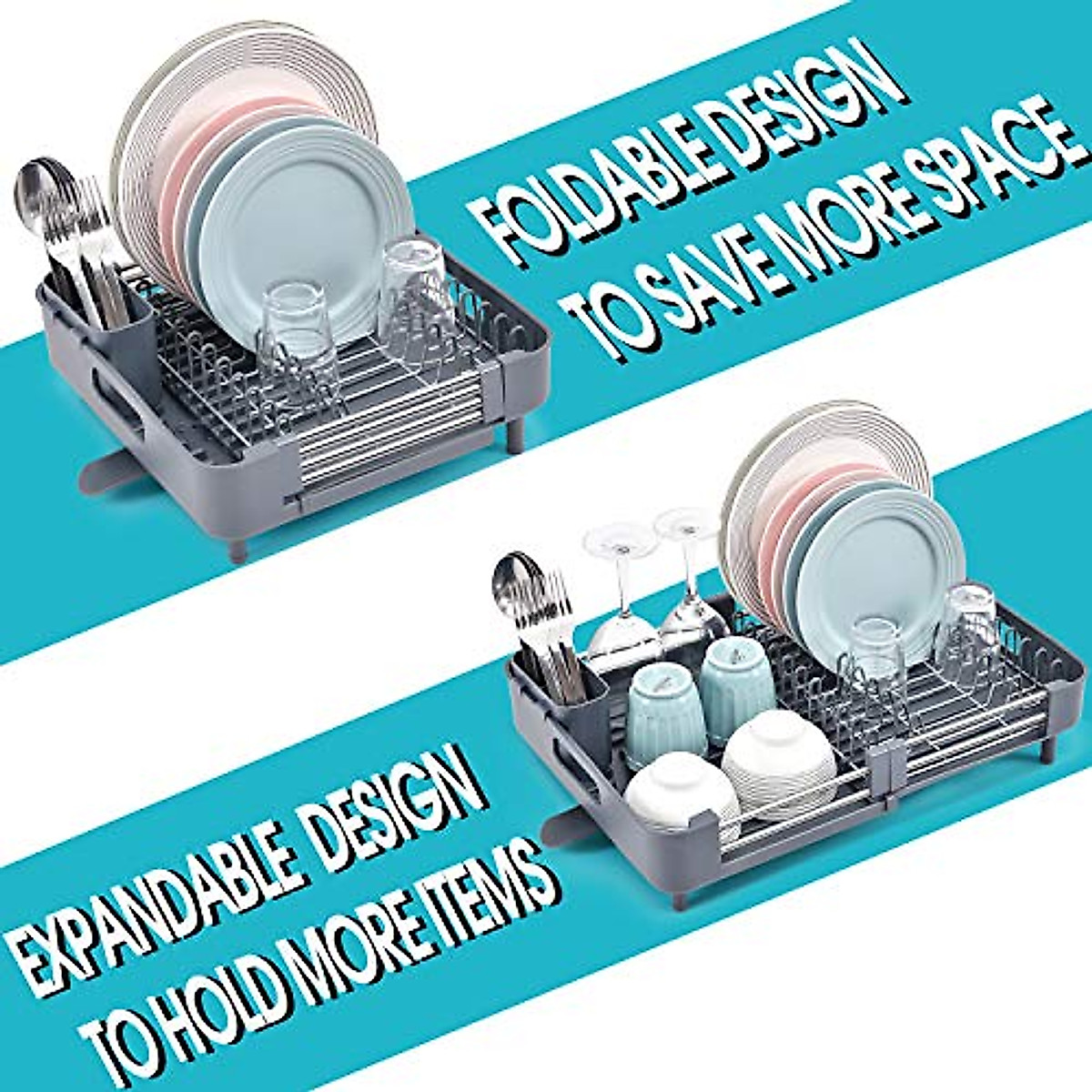 TOOLF Extendable Dish Rack, Dual Part Dish Drainers with Non-Scratch and Movable Cutlery Drainer and Drainage Spout, Adjustable Dish Drying Rack for Kitchen, 1 Piece Grey
