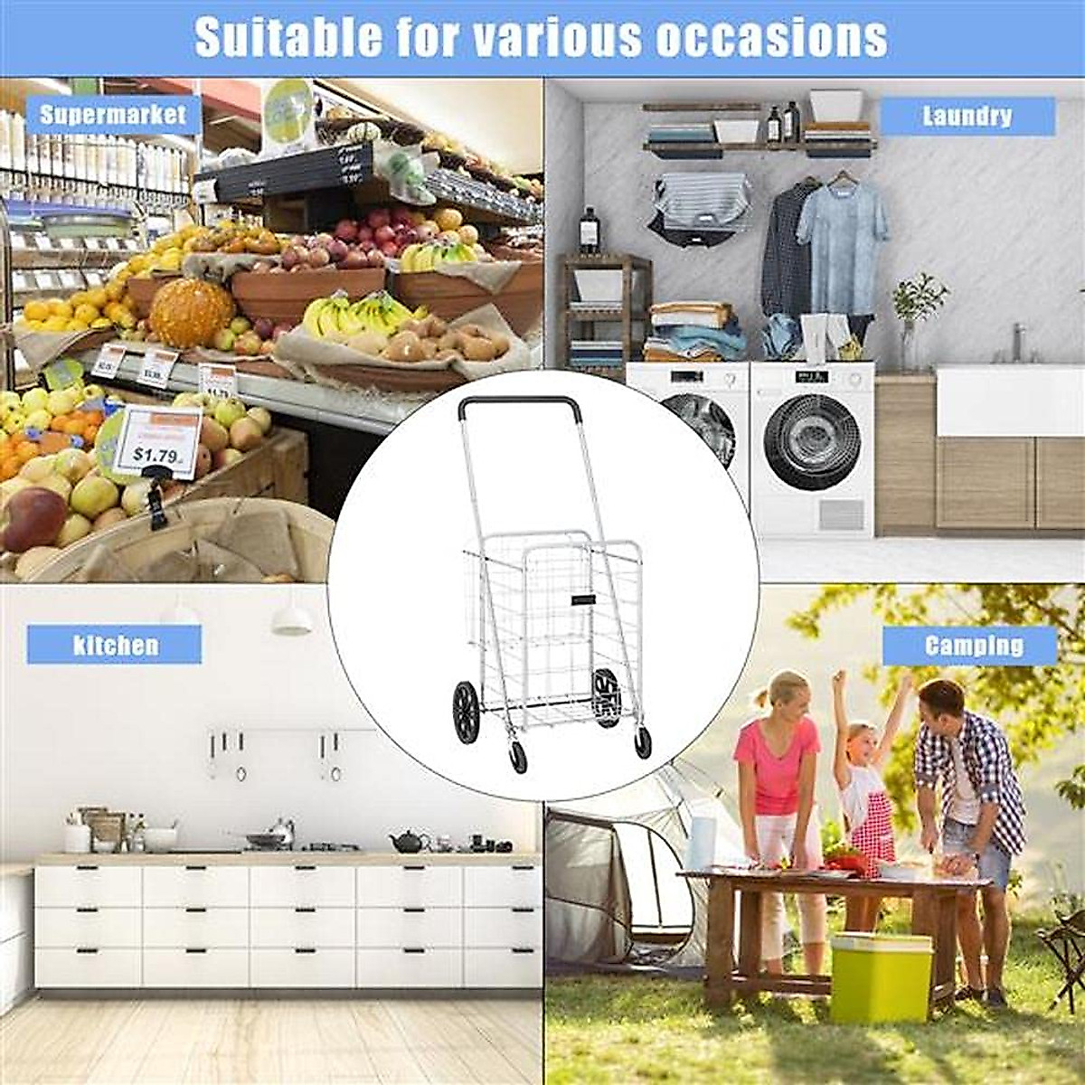XYYSSM Iron 1200mm Telescopic Armrest 0.8mm 16# Round Tube 50kg Silver Foldable Shopping Cart, Shopping Cart with Dual Swivel Wheels for Groceries - Compact Folding Portable Cart Saves Space