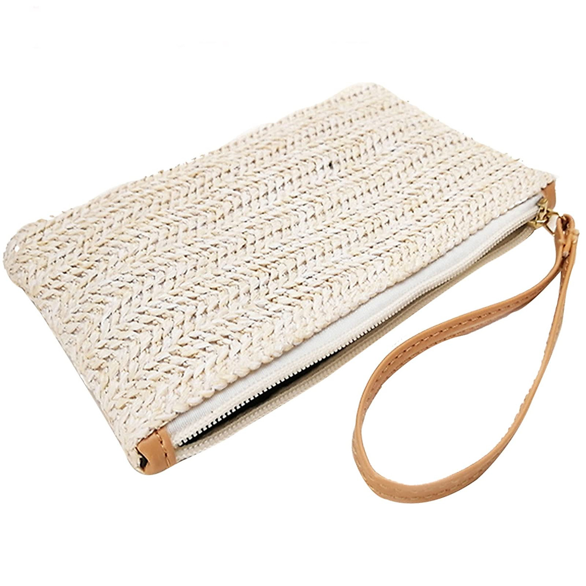 ZLM BAG US Natural Straw Boho Purse Zipper Wristlet Wallet Handwoven Beach Clutch Bag Off White