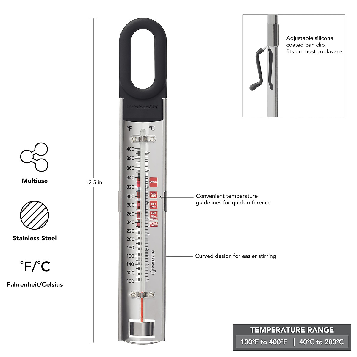 KitchenAid KQ907 Curved Stainless Steel Paddle Style Candy and Deep Fry Thermometer with pan clip, TEMPERATURE RANGE: 100F to 400F, Black