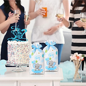 Chiisong 50 Pcs Baby Shower Treat Bags with Bow Plastic Baby Drawstring Candy Goodie Bags Baby Shower Party Favor Gift Bags for Boy Girl Birthday Gender Reveal Party 9 x 6 x 2 Inch(Elephant)
