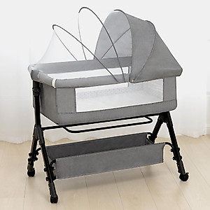 3 in 1 Baby Bassinet Bedside Sleeper, Bedside Crib for Baby, Adjustable Baby Bassinet with Wheels, Storage Basket, Mattress, Easy Assemble & Folding Portable Baby Cradle (Grey)