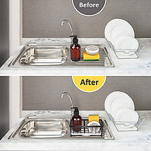 RedCall Dish Sponge Holder for Kitchen Sink,304 Stainless Steel Sink Sponge Holder, Kitchen Sink Caddy Organizer Countertop Soap Dispenser Brush Tray with Adjustable Partition