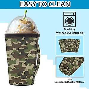 Green Camouflage Camo Ice Iced Coffee Sleeve with Handle Reusable Cup Cover Neoprene Coffee Sleeves Insulator Cup Sleeve Holder for Summer Cold Drinks Coffee Beverages Size L for 30-32 oz
