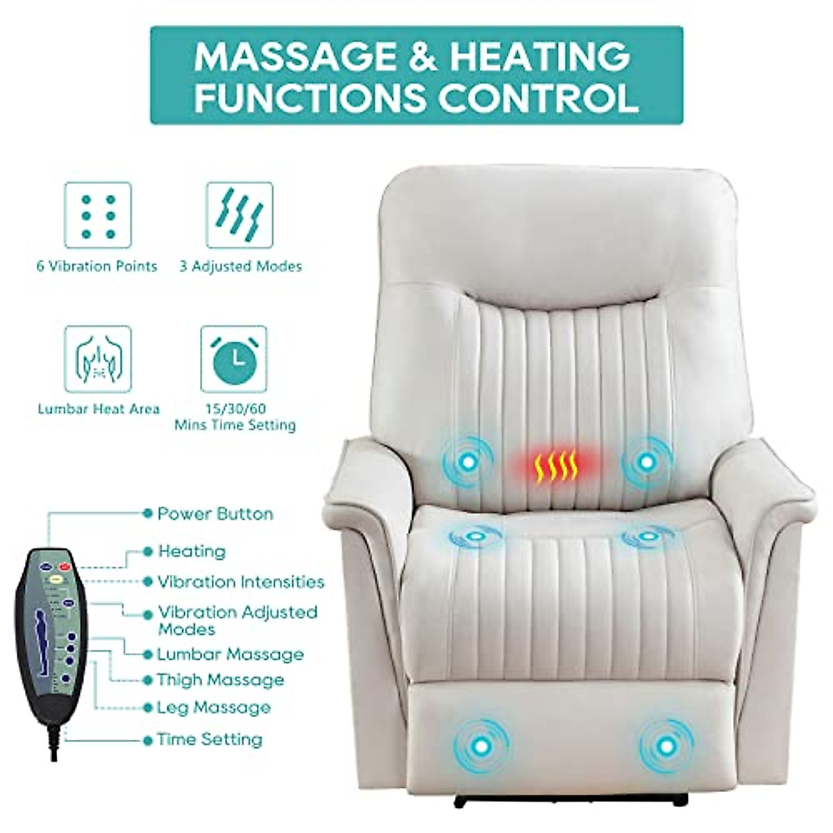 RIHEREFY Power Recliner Chair with Massage and Heat, Recliner Massage Chair with 2 Side Pockets, Electric Recliner Chairs with USB Charging Port, Technical Fabric