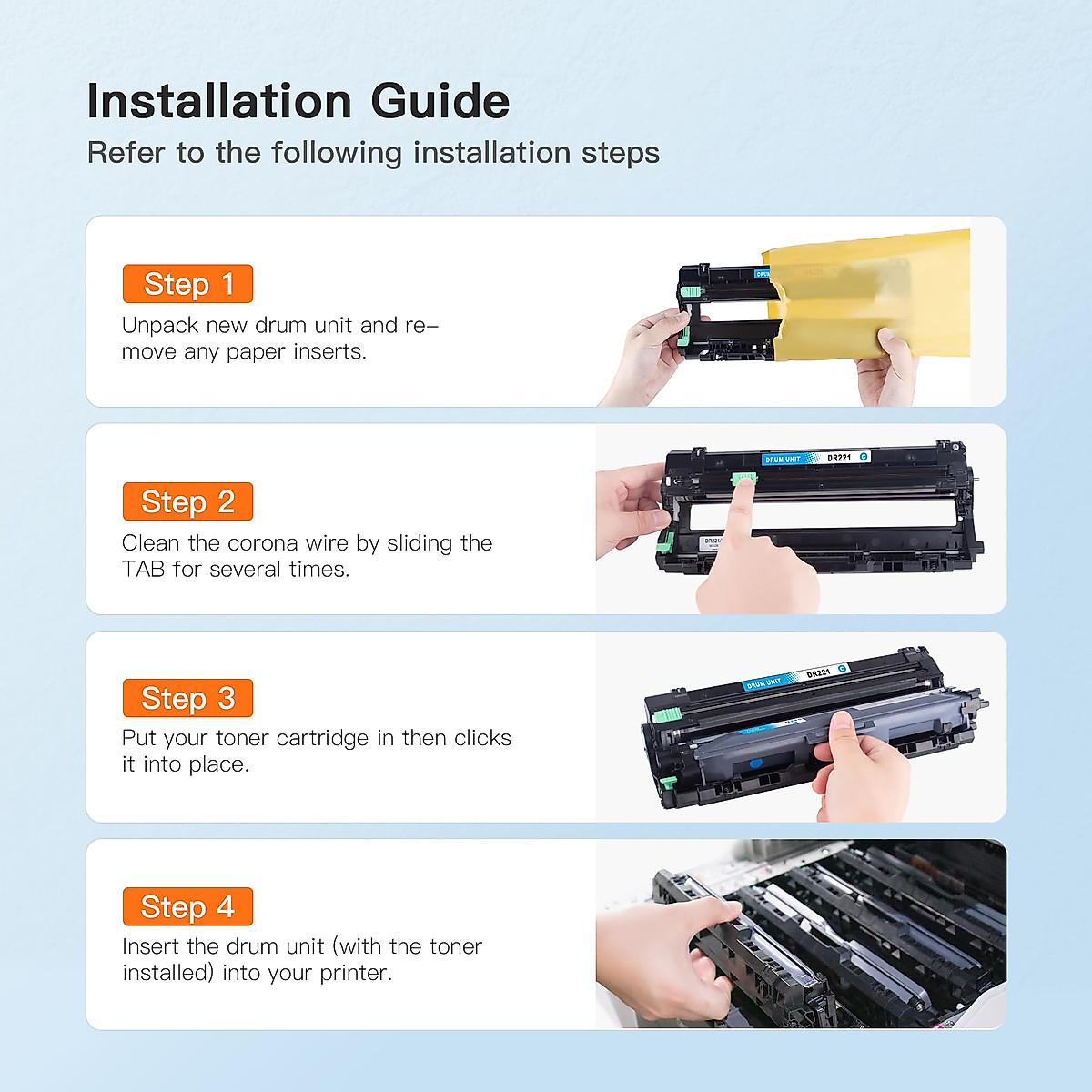 E-Z Ink (TM) Remanufactured Drum Unit Replacement for Brother DR221 DR-221 DR221CL to use with HL-3140CW HL-3170CDW MFC-9130CW MFC-9330CDW Printer Tray (1 Black, 1 Cyan, 1 Magenta, 1 Yellow) 4 Pack