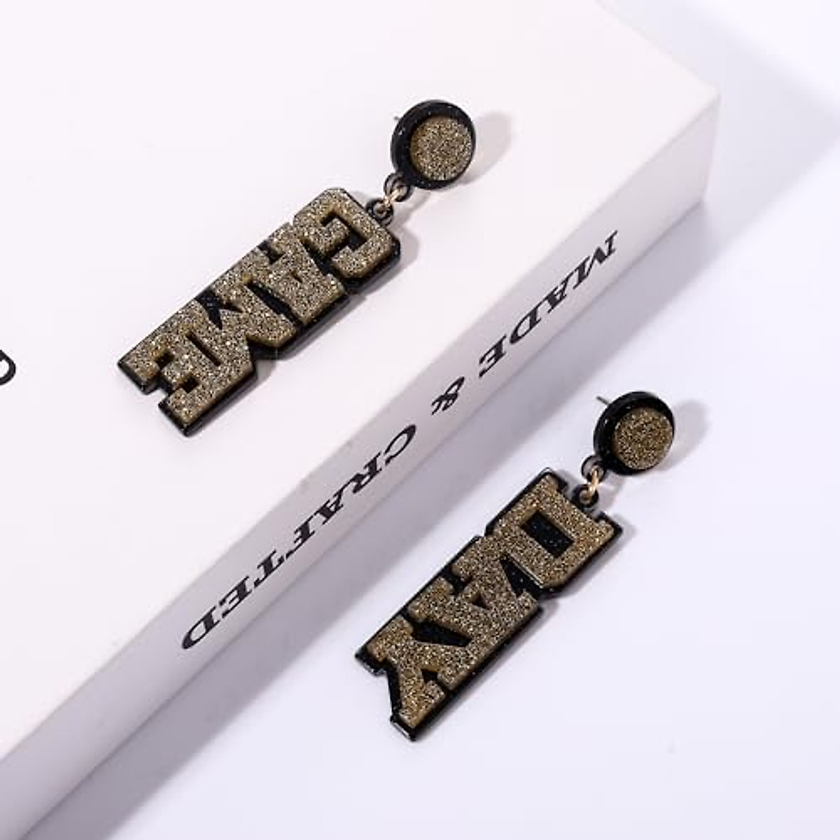 Game Day Earrings for Women, Acrylic Football Earrings Game Day Accessories Team Sports Fan Earrings Football Team Gifts (Glitter Gold&Black)