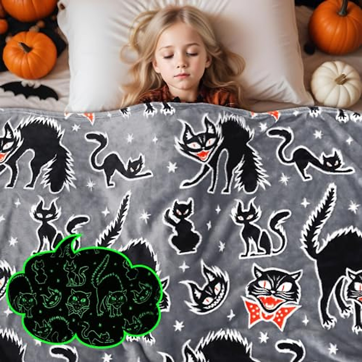 Halloween Blanket Soft Fleece Black Cat Throw Blanket Glow in The Dark Blanket Toys Decor for Kids Boys Girls Teens Birthday