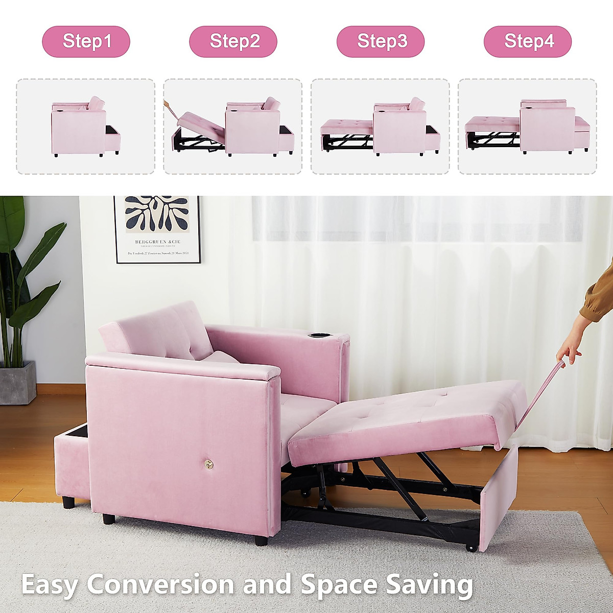 weselon Velvet Convertible Chair Bed, 3 in 1 Multi-Functional Lounge Chair Sleeper, Pull Out Couch Guest Bed with Hidden Table and Adjustable Backrest for Living Room Small Space Apartment (Pink)