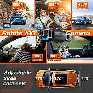 iiwey T1-pro Dash Cam Front and Rear Inside 3 Channel 1080P, Adjustable Lens Dash Camera for Cars with 8 IR Lamps Night Vision, Three Ways Triple Car Camera, Loop Recording, G-Sensor, Parking Monitor