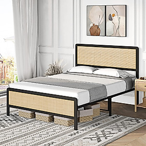IDEALHOUSE Boho Style Full Bed Frame with Rattan Headboard, Platform Bed Frame with Strong Metal Slat Support,No Box Spring Needed,Black & Oak (Full)