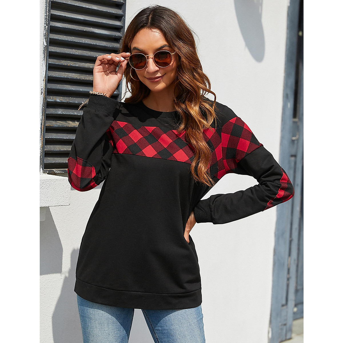 Blooming Jelly Women's Color Block Plaid Shirt Crew Neck Elbow Patches Pullover Sweatshirt Christmas Top(M) Black