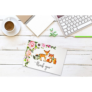 50 Pack Watercolor Girl Woodland Greenery Thank You Cards, Cute Thank You Notes with Envelopes & Stickers, Baby Shower, Birthday any Occasion Large Size 4x6 Animal Fox Raccoon Deer Owl Gratitude For Party, Children Stationery