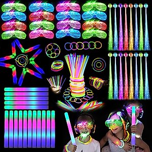 BAIJLE 148 PCS Glow in the Dark Party Supplies, 16PCS Foam Glow Sticks, 16PCS LED Glasses,100PCS Glow Sticks Bracelets and 16Pcs LED Hair Clips Fiber Optic for Glow Party, New Year, Wedding, Concert