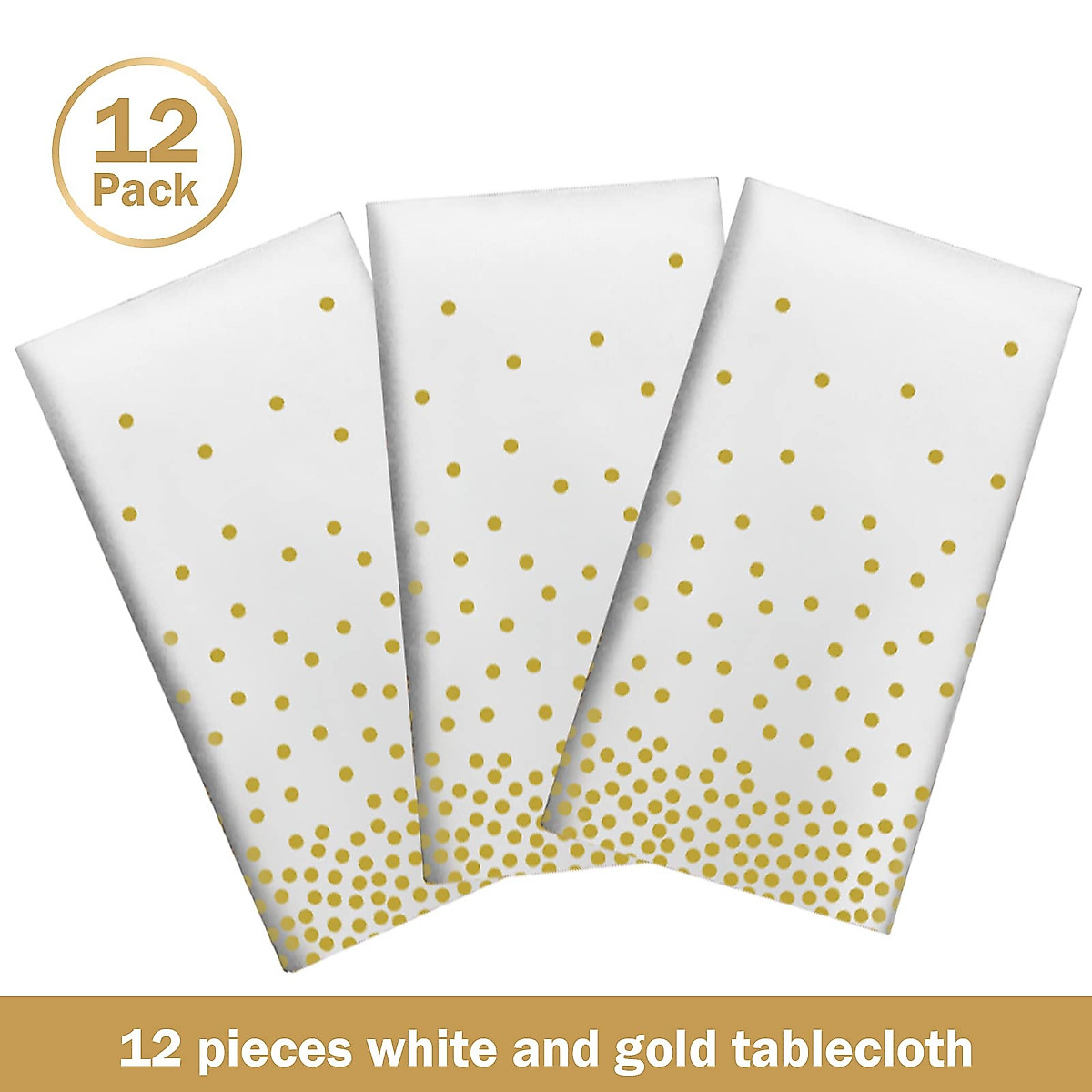 12 Pack White and Gold Dot Plastic Tablecloth, Gold Stamping Dot Confetti Rectangle Plastic Disposable Tablecloth for Birthday Wedding Baby Shower Engagement Anniversary Party Decorations, 54x108 Inch