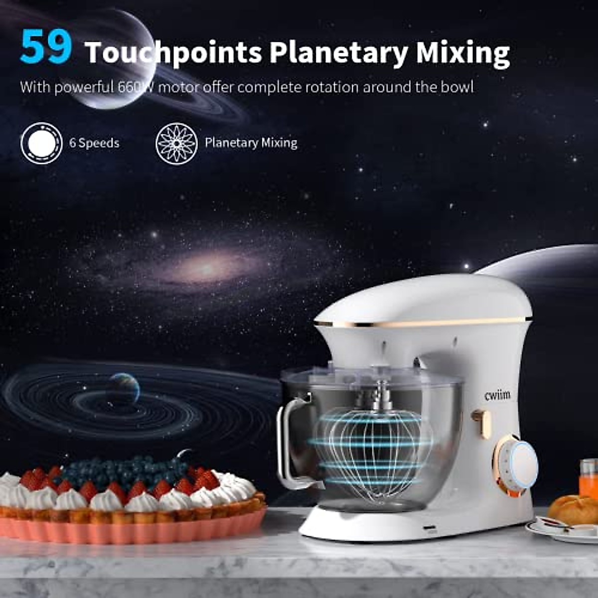 Stand Mixer, 8.5Qt Tilt-Head Food Mixer 660W 6+P Speed Kitchen Mixers Cwiim, with Dough Hook, Flat Beater, Whisk, Splash Guard, for Baking Bread Cake Cookie Pizza Salad Egg (White)