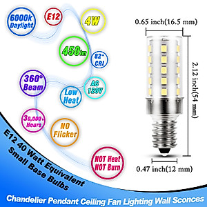 Heifymi E12 40 Watt Equivalent LED Bulbs 6000K Daylight White 450lm 4W 120V LED Candelabra Bulb with T6 C7 E12 Small Base for Wall Sconces Pendant Chandelier Ceiling Fan Lighting, Non-Dimmable, 4 Pack