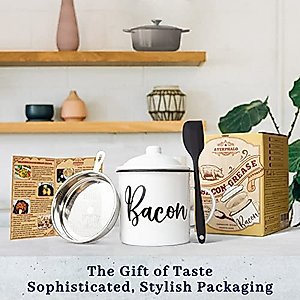 Bacon Grease Container with Strainer - With Food-Grade Silicone Spatula, 46oz Large Enamel Grease Strainer - Rustic Farmhouse Bacon Fat Container, Bacon Grease Keeper, With Recipes, Dishwasher Safe