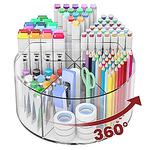 Acrylic Pen Holder Pencil Organizer, 360-Degree Rotating Pencil Holder, Crayon Organizer for Kids Marker Holder Caddy Organizer for Desk, Kids Desk Organizer for Office Home School Art Supply