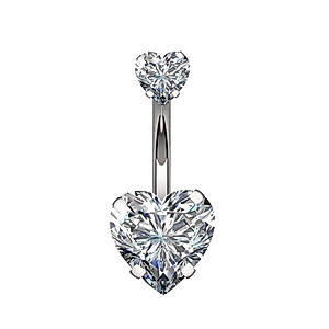 YHMM 14G Surgical Steel Belly Button Rings Double Heart Cubic Zirconia Navel Barbell Stud Body Piercing (A: Silver Tone)