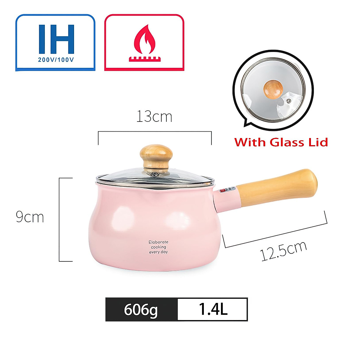 Japanese-style Small Milk Pot Non-Stick Coating Hot Milk Small Soup Pot, 1.2L, 5 cups, Imitation Enamel Pot Butter, Chocolate, Cream, Cheese Warmer,(Pink)