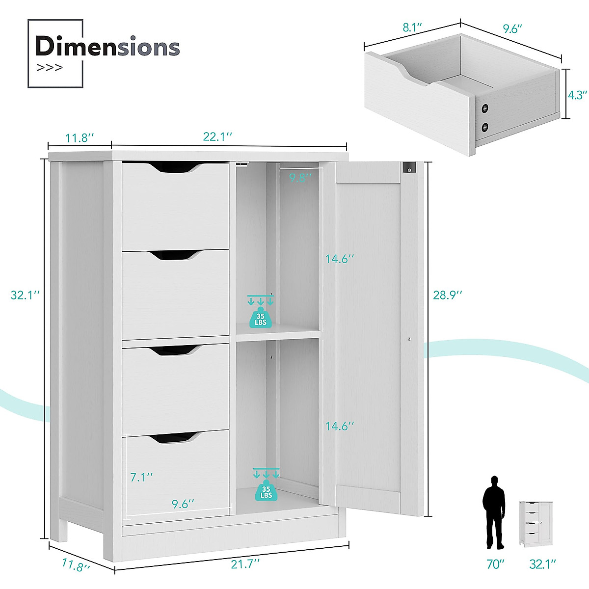 Vongrasig Bathroom Floor Storage Cabinet, Wooden Storage Organizer with 4 Drawers and 1 Door, Freestanding Pantry Cabinet with Adjustable Shelves for Bathroom, Living Room, Kitchen, Entryway, White