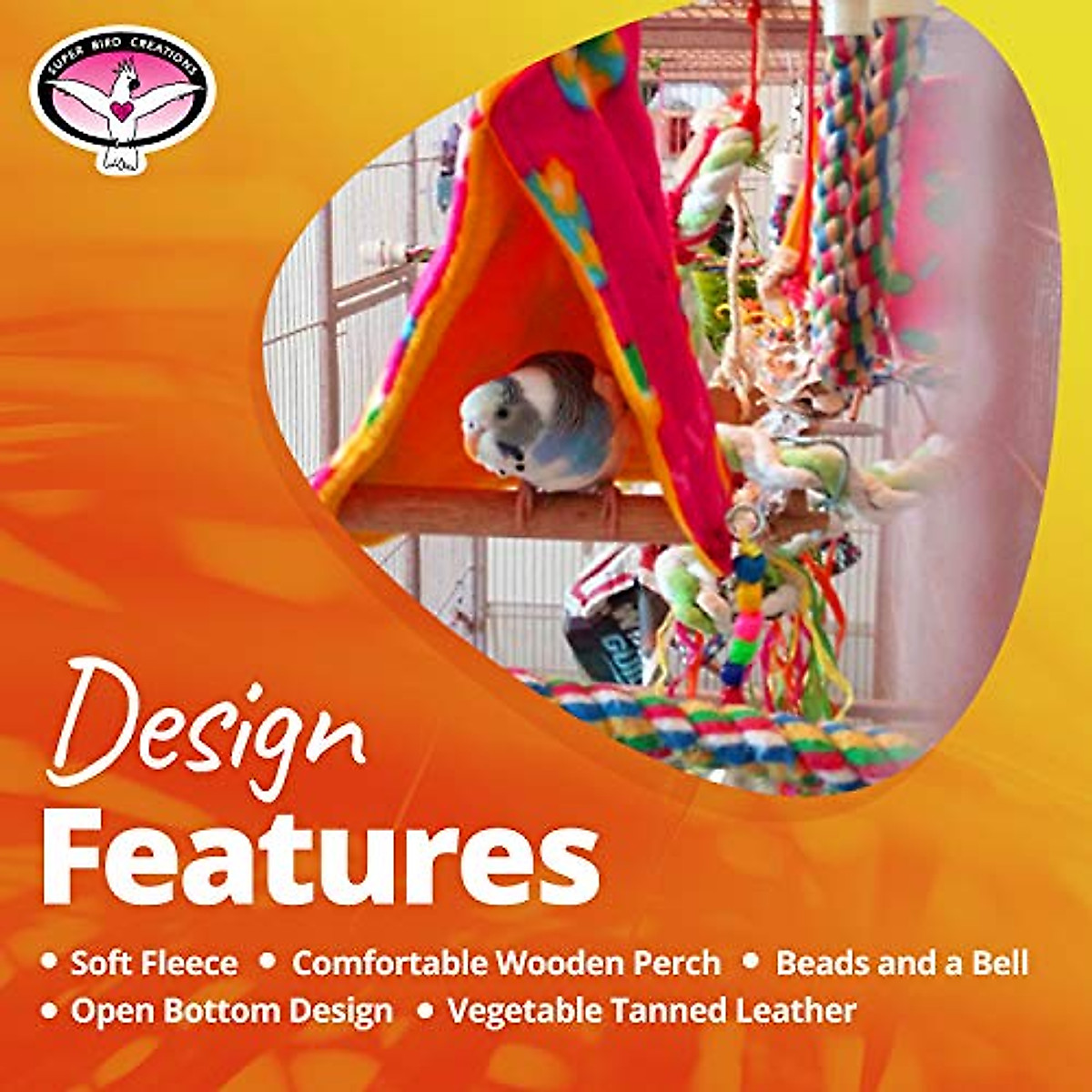 Super Bird Creations SB474 Sheltering Peekaboo Perch Tent with Colorful Plastic Beads & Bell, Small to Medium Size, 12” x 5” x 6.5”