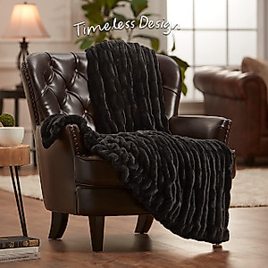 Chanasya Premium Ruched Faux Fur Throw Blanket - Luxurious, Soft Reversible Mink Blanket - 50" x 65” - Black