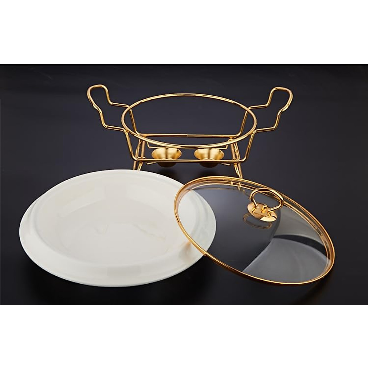 HONHPD Ceramics Chafing Dishes & Food Warmers, Household Gold Plated Buffet Server Warming Tray with Food Pan, Fuel Holder and Lid, for Wedding, Parties, Banquet, Catering Events,12.5INCH