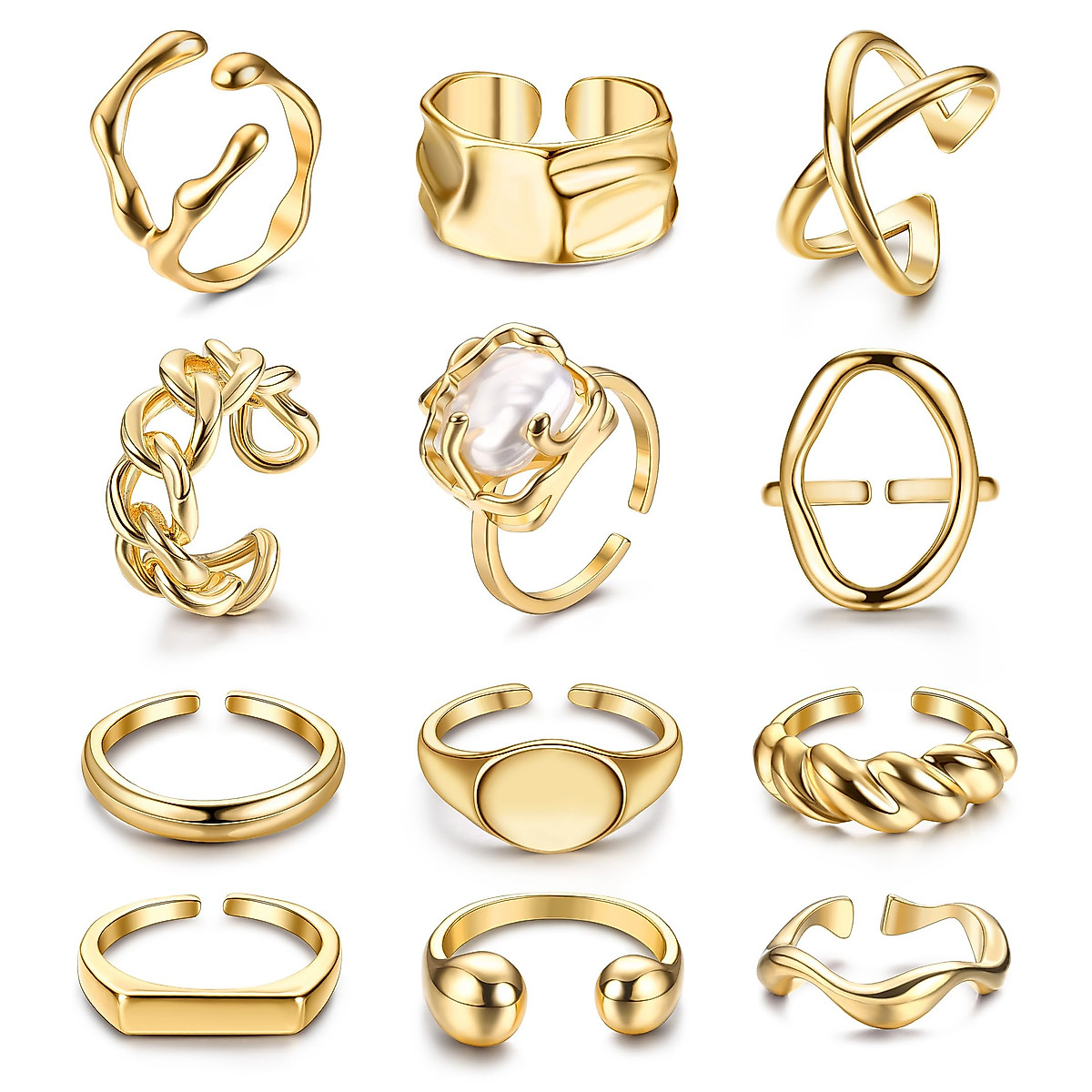 FIBO STEEL 12PCS Gold Rings for Women: 18K Gold Plated Chunky Stacking Rings Set