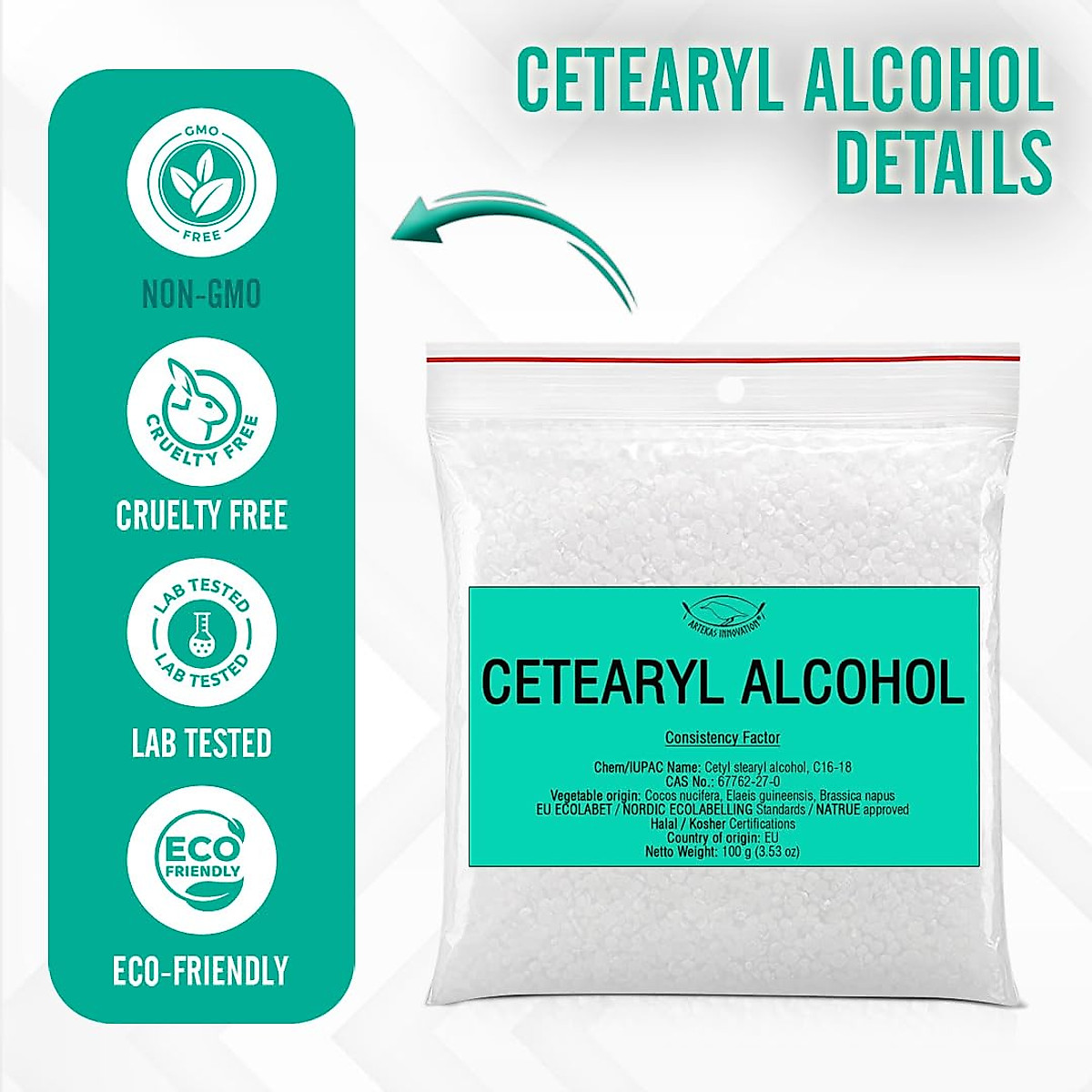 Artekas Innovation - Cetearyl Alcohol - for Homemade Cosmetics, Lipsticks, Body Butter Bars, Hand Lotions, Hair Conditioners, Shampoo – Thickening Agent, Emulsifier, Viscosity Regulator - 7.06 oz