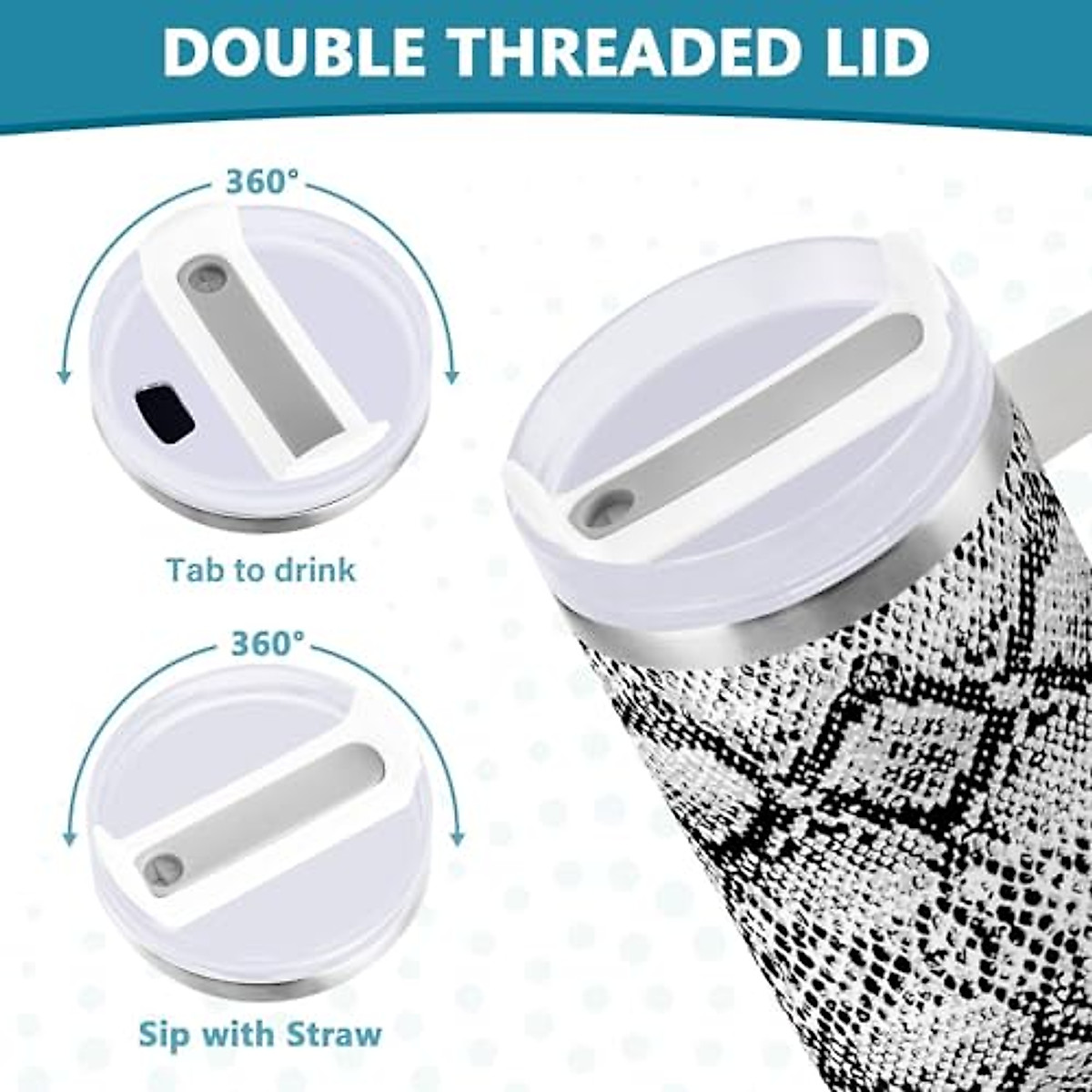 Joisal Black Snakeskin Texture Travel Tumbler Reusable Insulated Water Bottle with Handle Coffee Mug