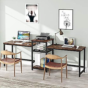 Tribesigns 96.9" Double Computer Desk with Printer Shelf, Extra Long Two Person Desk Workstation with Storage Shelves, Large Office Desk Study Writing Table for Home Office, Dark Brown