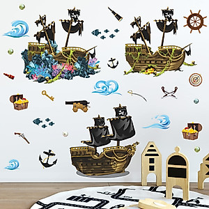 3D Pirate Ship Wall Decals Shipwreck Wall Stickers Underwater Theme DIY Removable Shipwreck Fish Jewelry Seaweed Coral Pearl Waves Sea View Wall Decor for Kids Boys Bedroom Nursery Playroom DT-4943