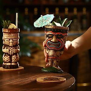 SUN GKOTTA Cocktail Tiki Mugs Set of 2 - Ceramic Tiki Cups,Tiki Mug Cute Exotic Cocktail Glasses with Straws and Coaster, Tiki Glasses for Cocktails and Tiki Bar