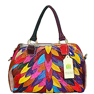 Sibalasi Women’s Multicolor Boston Bag Colorful Tote Leather Bag Unique Genuine Leather Handbag Designer Purse (Leaves)