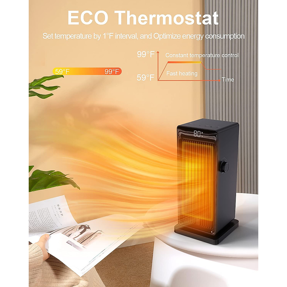 Space Heater, Tower Heater with Oscillation ECO thermostat, 1500W Portable Heater with Fan Only Mode & 24-Hours Timer, Overheat Tip-over Protection, Space heaters for Indoor Bedroom Office Use