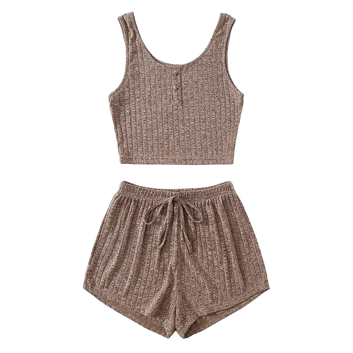 GORGLITTER Women's Sleeveless Button Front Ribbed Crop Tank Top and Elastic Waist Sleepwear Shorts Pajama Set Mocha Brown X-Large