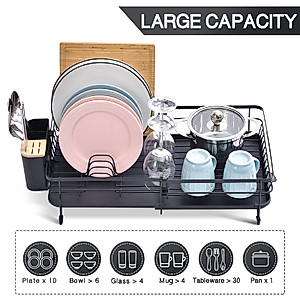 TOOLF Expandable Dish Drying Rack, Adjustable Dish Rack, Foldable Dish Drying Rack with Removable Cutlery Holder Swivel Drainage Spout, Anti-Rust Plate Rack for Kitchen, 1 Piece, Black