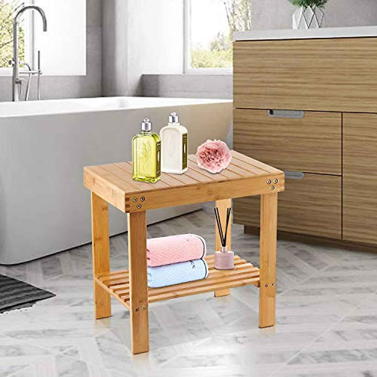 VaeFae Bamboo Shower Stool and Teak Shower Bench for Inside Shower