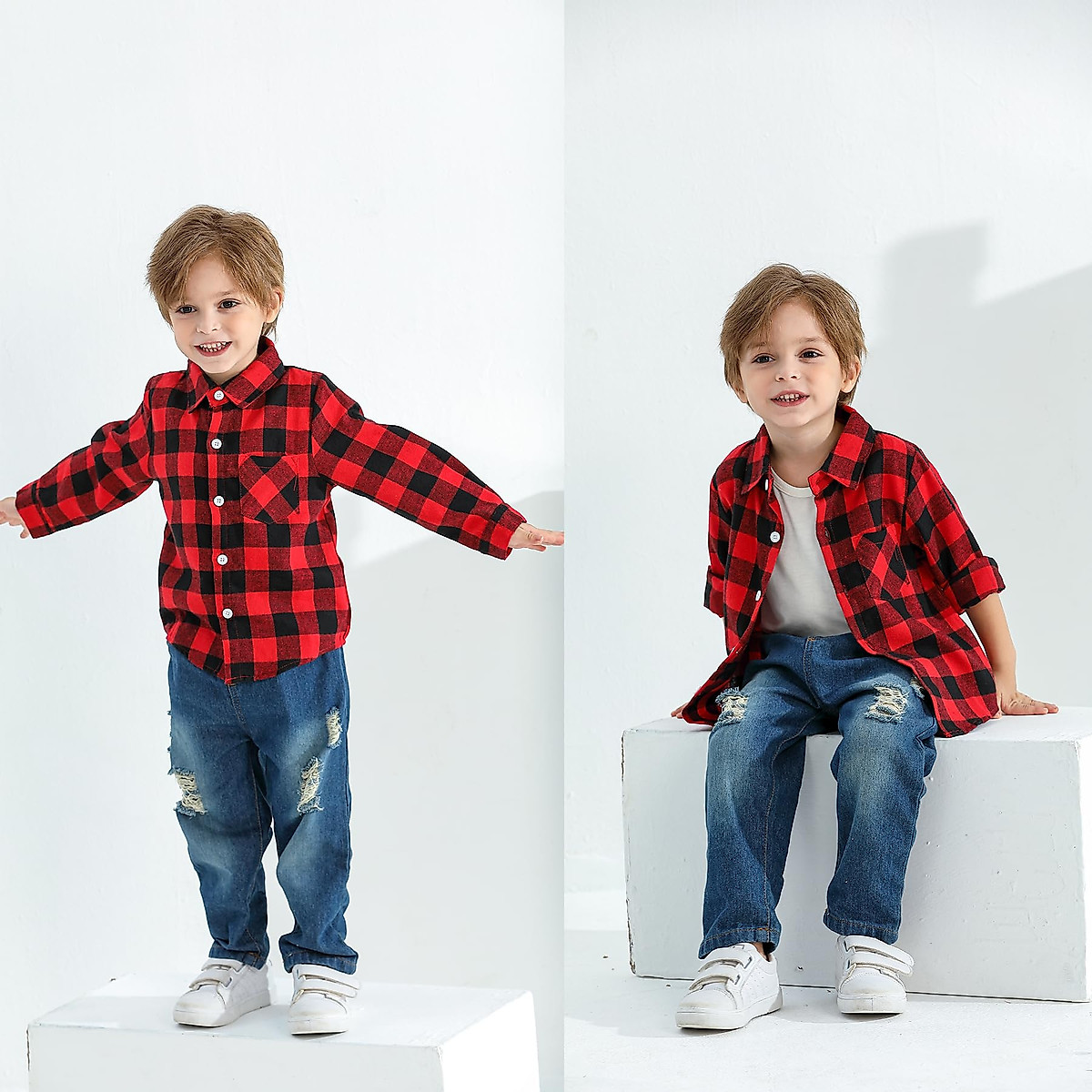 2Pcs Baby Boys Girls Toddler Kids Red Plaid Flannel Shirt Elastic Waist Ripped Holes Soft Jeans Outfit Set(18-24 Months, Red/Black)
