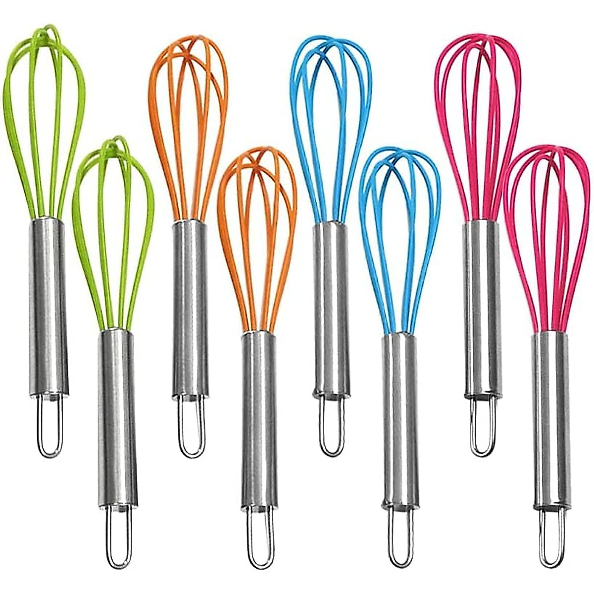 4 Pack" Multi-Color Mini Silicone Kitchen Whisks with Stainless Steel Handles Egg Beater Milk Beater Balloon Whisk for Blending Stirring Whisking and Beating(4 Colors)