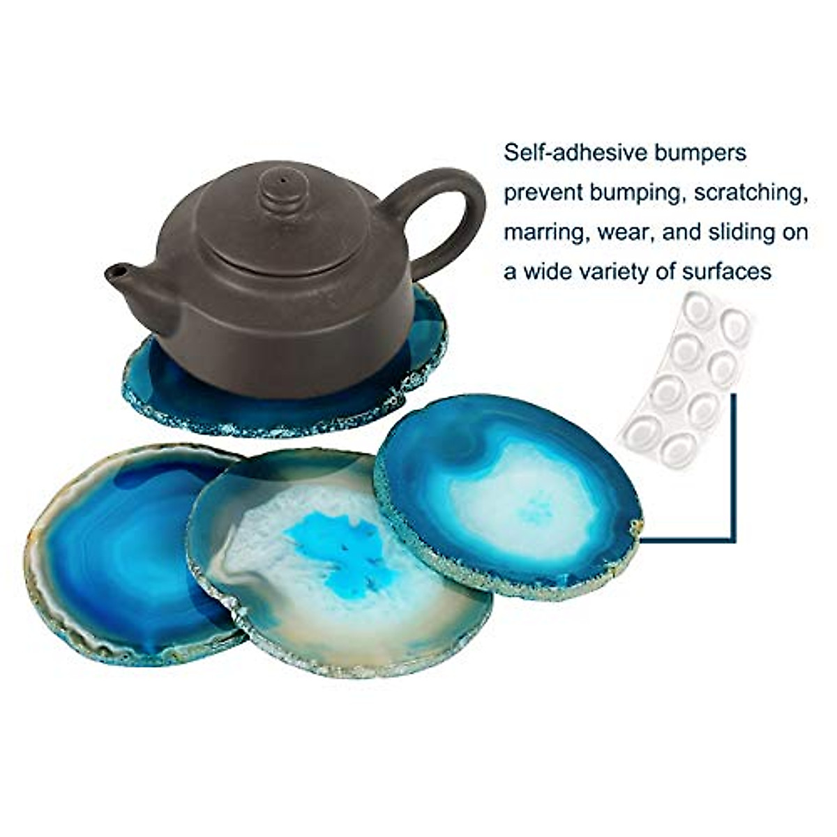AMOYSTONE Teal Agate Coasters for Drinks Geode Coasters Set of 4 Crystal Quartz Rock Coasters Agate Slices with Rubber Bumpers 3-3.5"