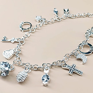 Dicomeng Sterling Silver Bracelet, 13 Small Pendants Charm Bracelet for Women, Adjustable 18+4cm, 925 Silver Plated, Great Gift for Ladies