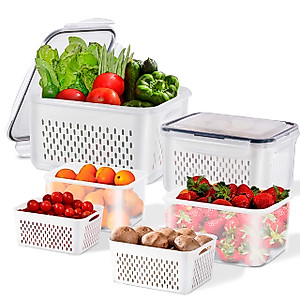Fruit Storage Containers For Fridge Organizer Vegetable Fresh Food Keeper Produce Saver Refrigerator Reusable 4 Pack Box Multi-Size Large Capacity with Lid & Colander for Home Kicthen Travel Set