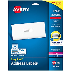 Avery Mailing Address Labels,Laser & Inkjet Printers,300 Labels, 1 x 2-5/8, Permanent Adhesive,5 Packs (18160)