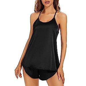MOYEE Silk Pajamas for Women Pajama Sets Satin Pjs Sexy Lingerie Soft Cami Sleepwear Shorts(Black, X-Large)