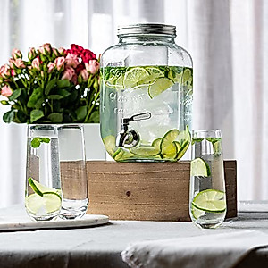 1 Gallon Glass Water Dispenser with Stainless Steel Spigot + Marker & Chalkboard, & Ice Cylinder - 100% Leakproof Beverage Dispenser Mason Jar Drink Dispenser Gallon Jug - Laundry Detergent Holder.