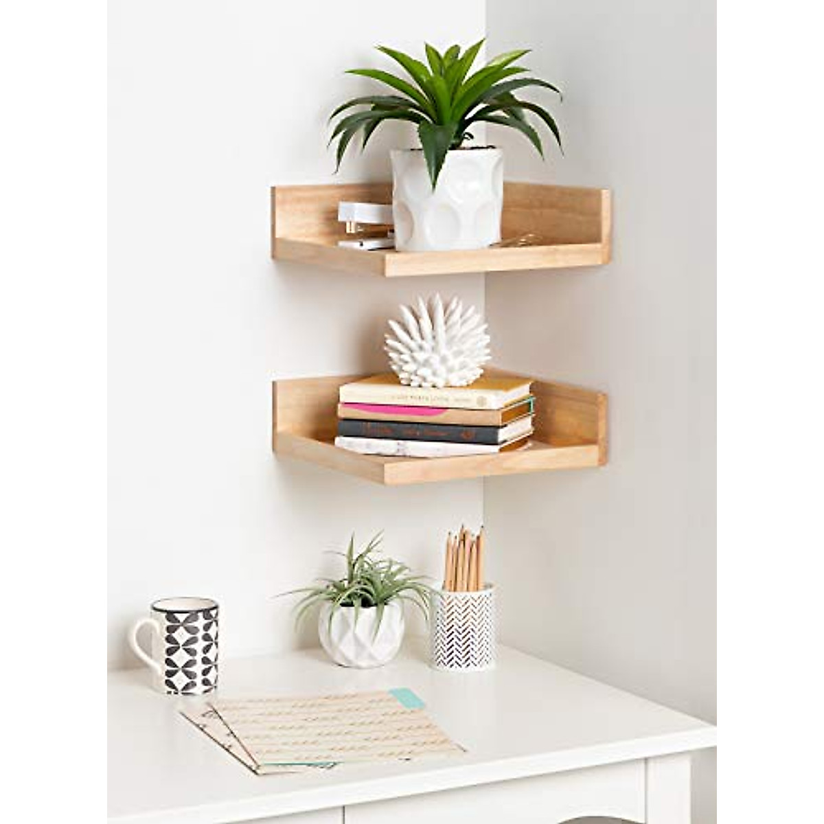Kate and Laurel Levie Rustic Modern Floating Corner Wood Wall Shelves, 12 x 12 Inches, 2 Pack, Natural