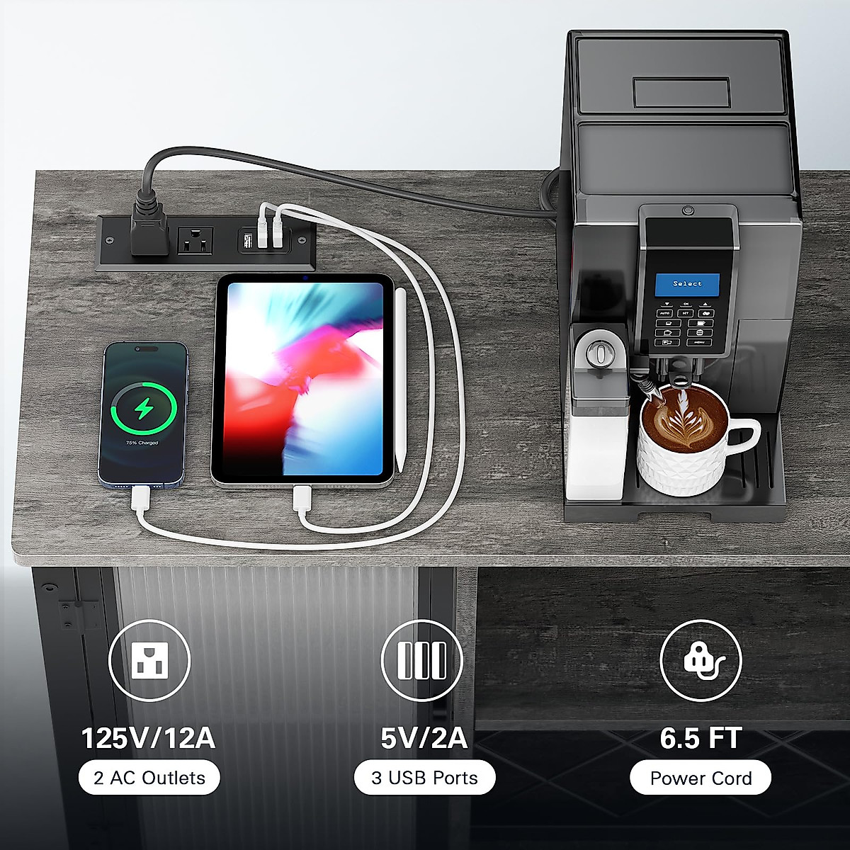 Zarler Bar Table Cabinet with Power Outlet and Light, LED Wine Bar Stand for Liquor and Glasses, Metal Home Mini Bar with 4-Tier Storage (Dark Grey), 13.4″D x 47″ W x 29.5″H, WBC001